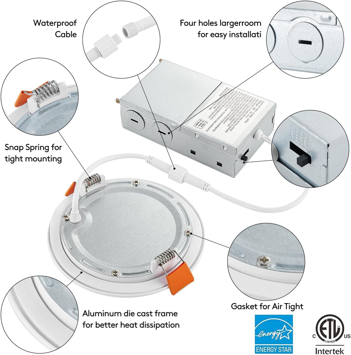 Pot Lights LED 6 inch, 5CCT Recessed Slim Pot Lights with Junction Box ...